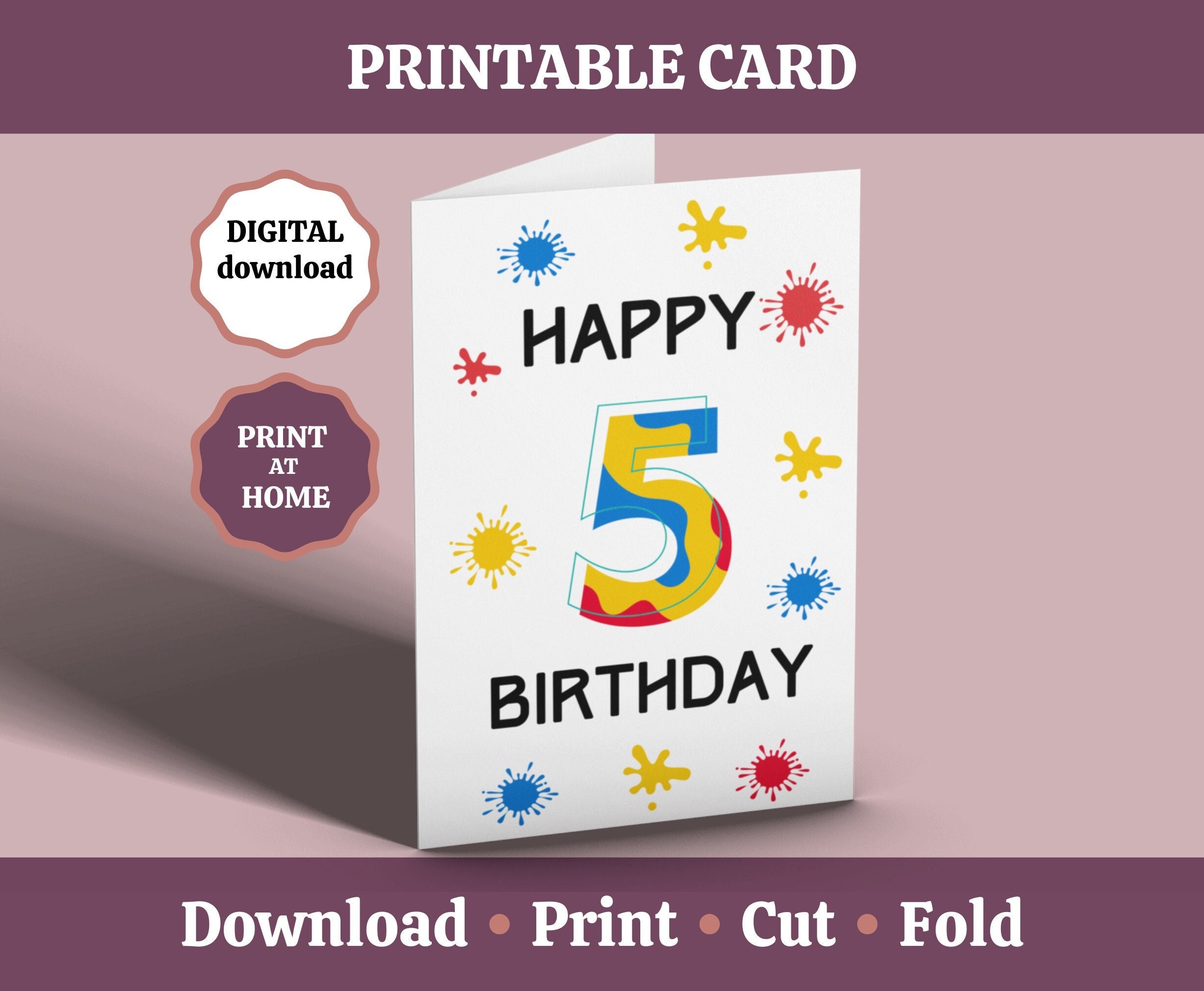 5th Birthday Card, Printable Happy 5th Birthday Card, 5 Year Old ...