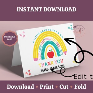 Editable Teacher Thank You Card Printable, Teacher Appreciation Card ...