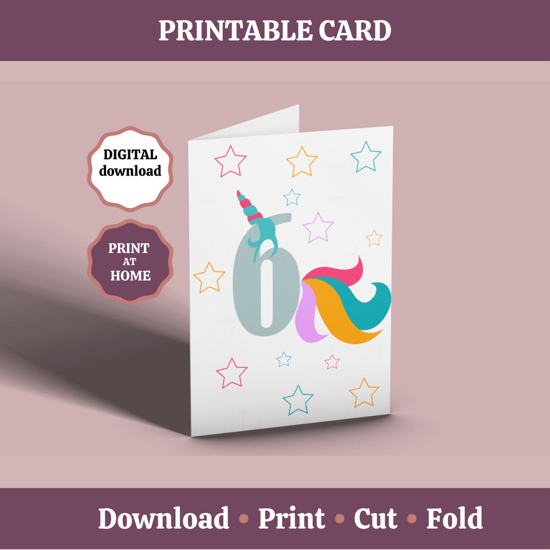 6th Birthday Card Girl Printable, Unicorn Birthday Card, 6 Year Old ...