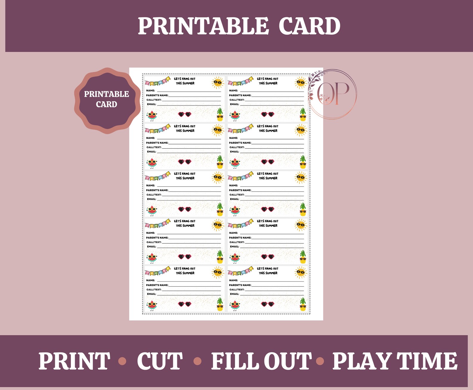 Printable Play Date Calling Card, Keep in Touch Contact Card, Summer ...