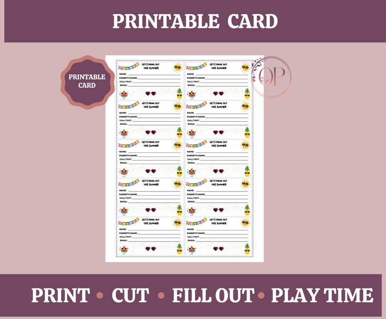 Printable Play Date Calling Card, Keep in Touch Contact Card, Summer ...