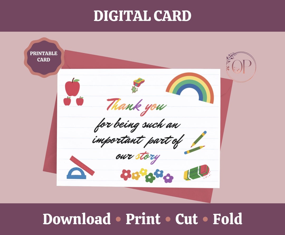 Printable Teacher Appreciation Thank You Card, End of School Year Term ...