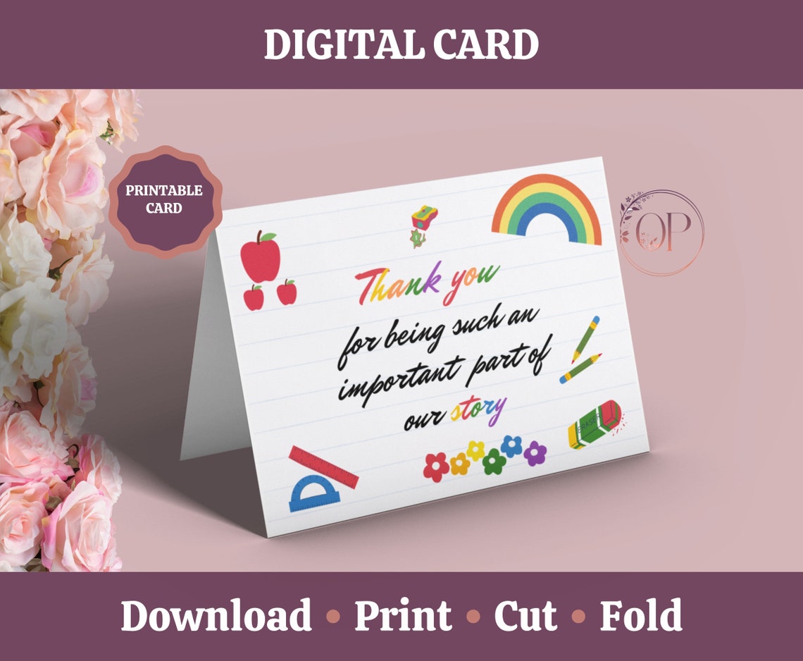 Printable Teacher Appreciation Thank You Card, End of School Year Term ...