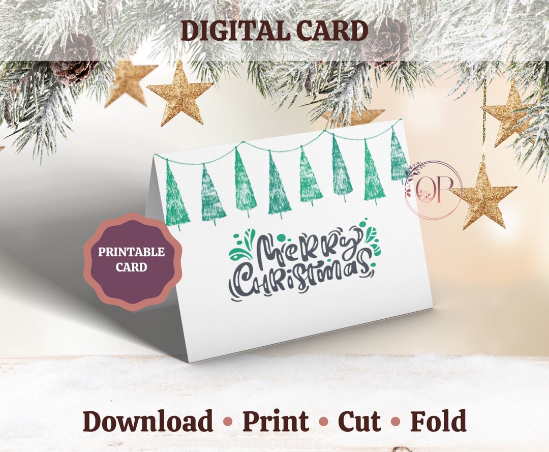 Merry Christmas Tree Card, Printable Family Holiday Card, Festive Card ...