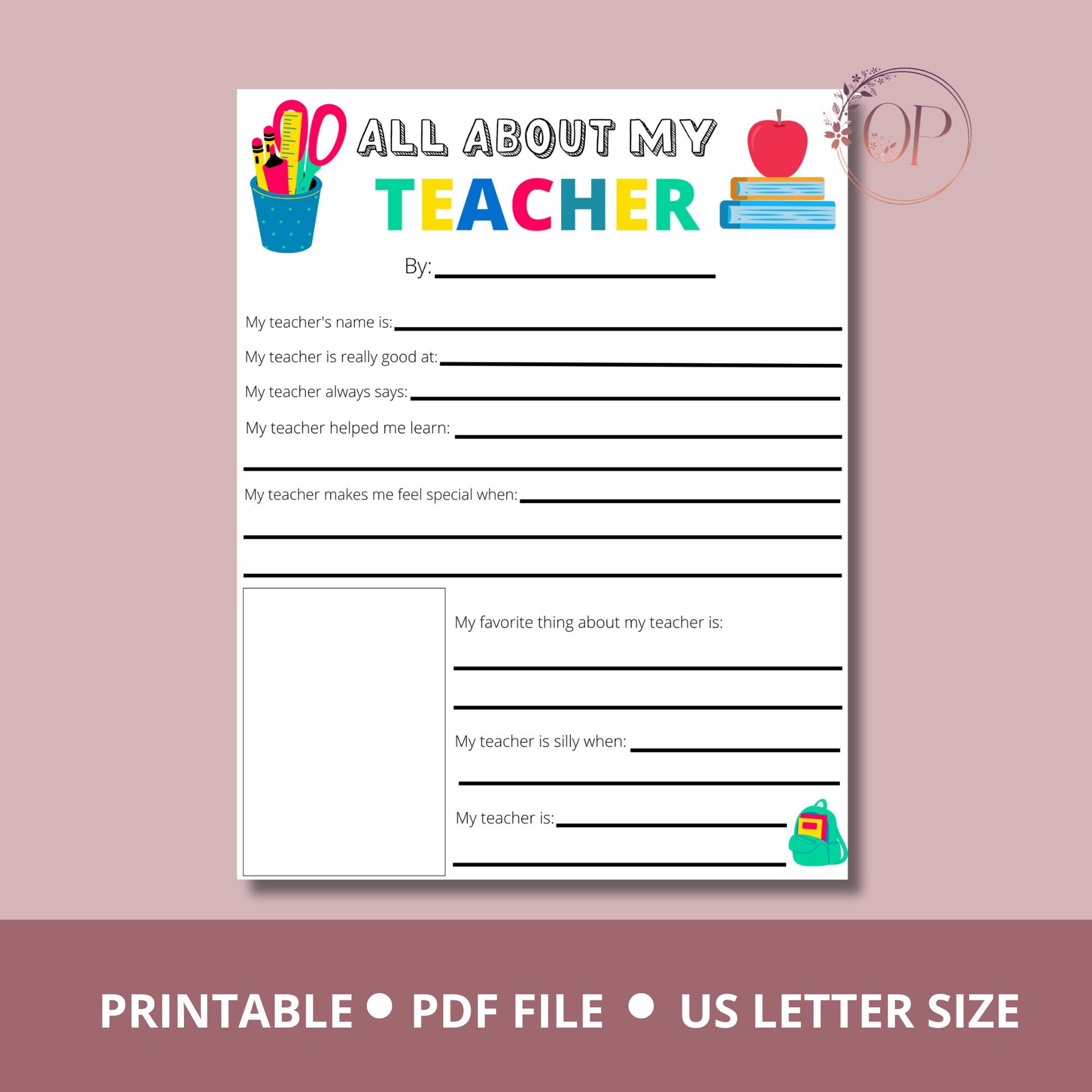 All About My Teacher Printable, Teacher Survey Blank Fill in , Teacher ...