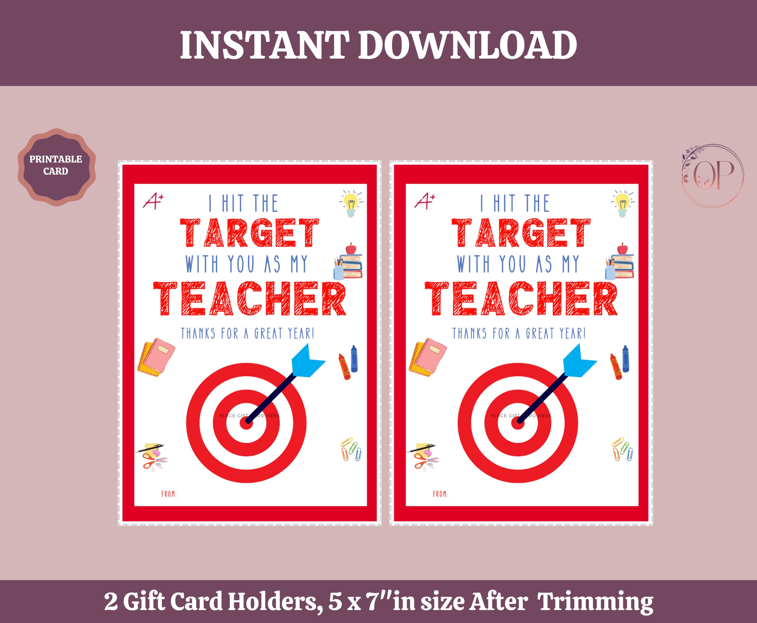 Printable Teacher Appreciation Gift Card Holder, Hit the Target Teacher ...