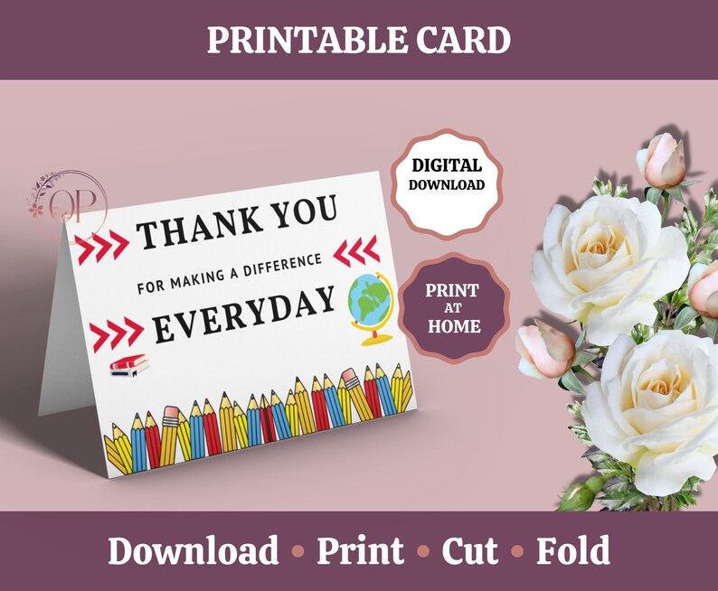 Printable Thank You Teacher Card, Teacher Appreciation Card, End of ...