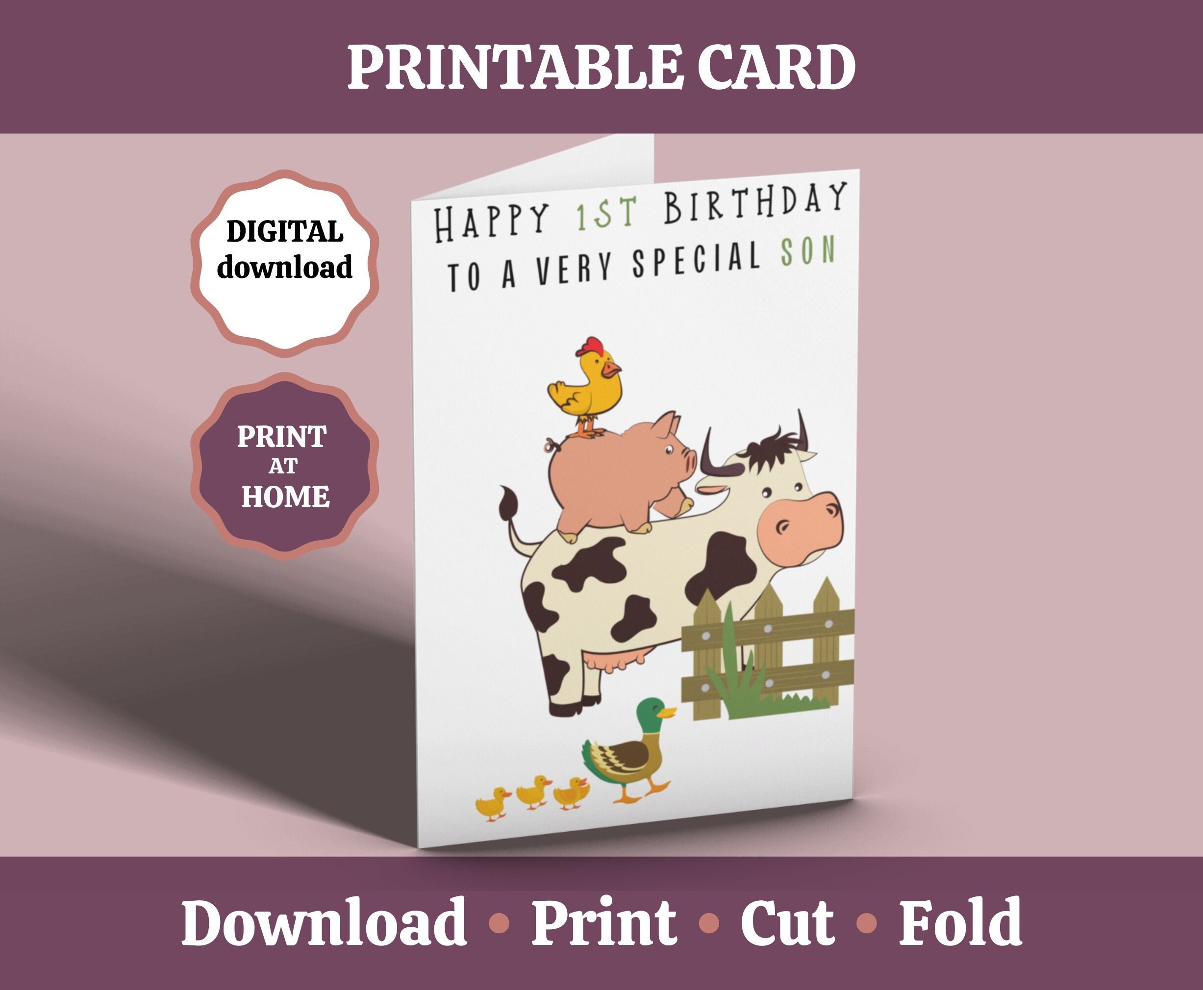 Son Birthday Card, Printable Farm Birthday Card, Farm Animals Card, for ...