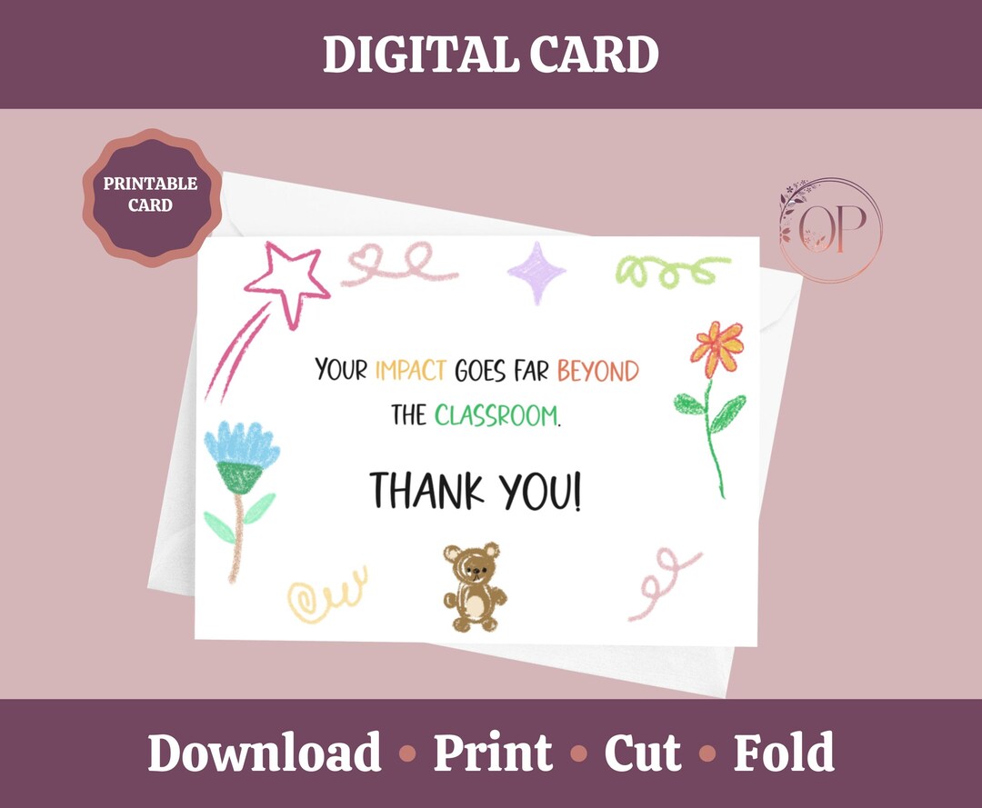 Printable Teacher Thank You Card, Instant Download Teacher Card ...