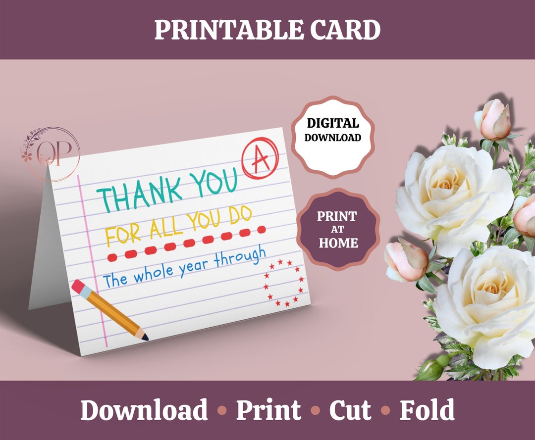 Printable Teacher Appreciation Card, Thank You Card for Teacher ...