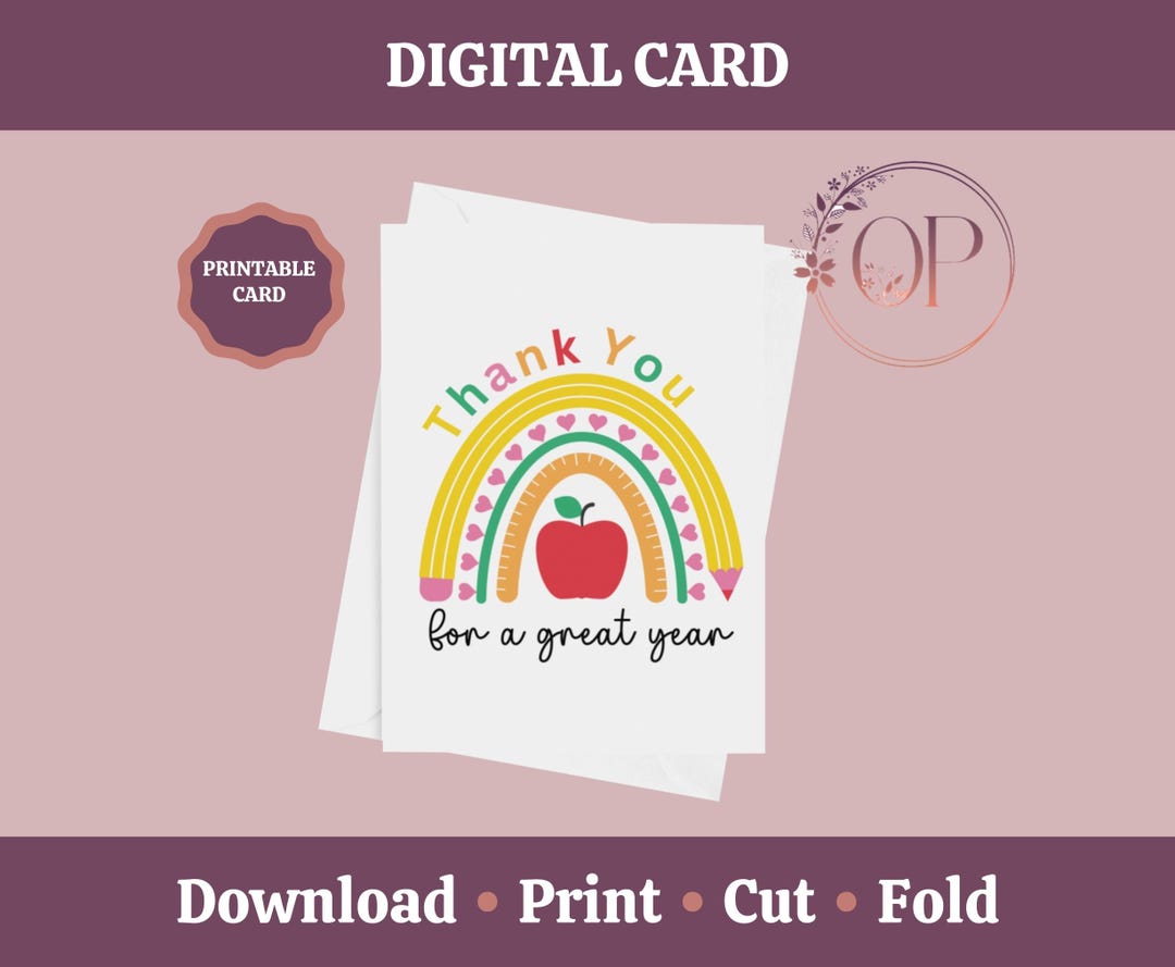 Printable Teacher End of Year Card, Thank You Card for Teacher ...