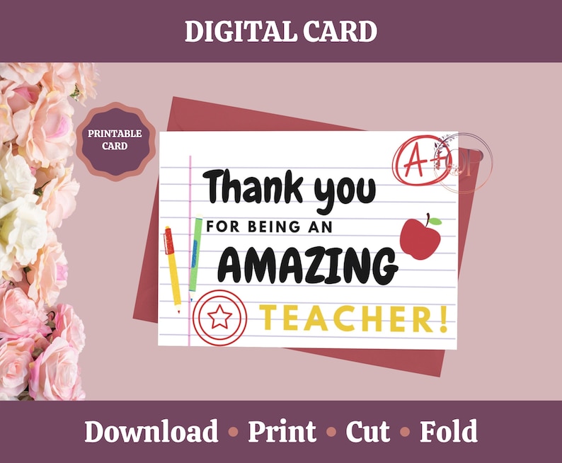Printable Teacher Card, End of the Year Cards for Teachers, Printable ...