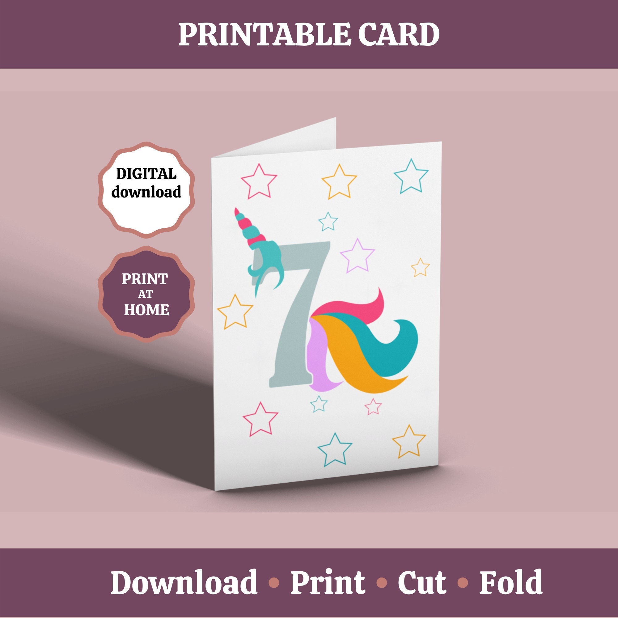 7th Birthday Card Girl Printable, 7 Year Old Girl, Happy 7th Birthday ...