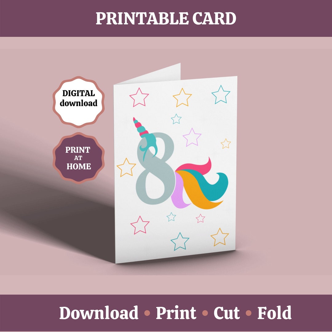 8th Birthday Card Girl Printable, 8 Year Old Girl, Unicorn Kids ...