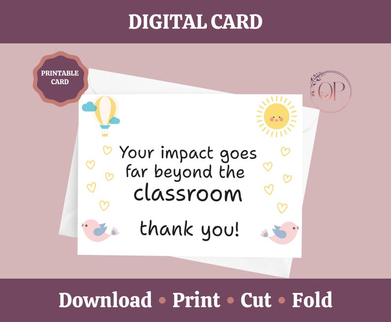 Teacher Thank You Card Printable, Educator Card, Teacher Appreciation ...