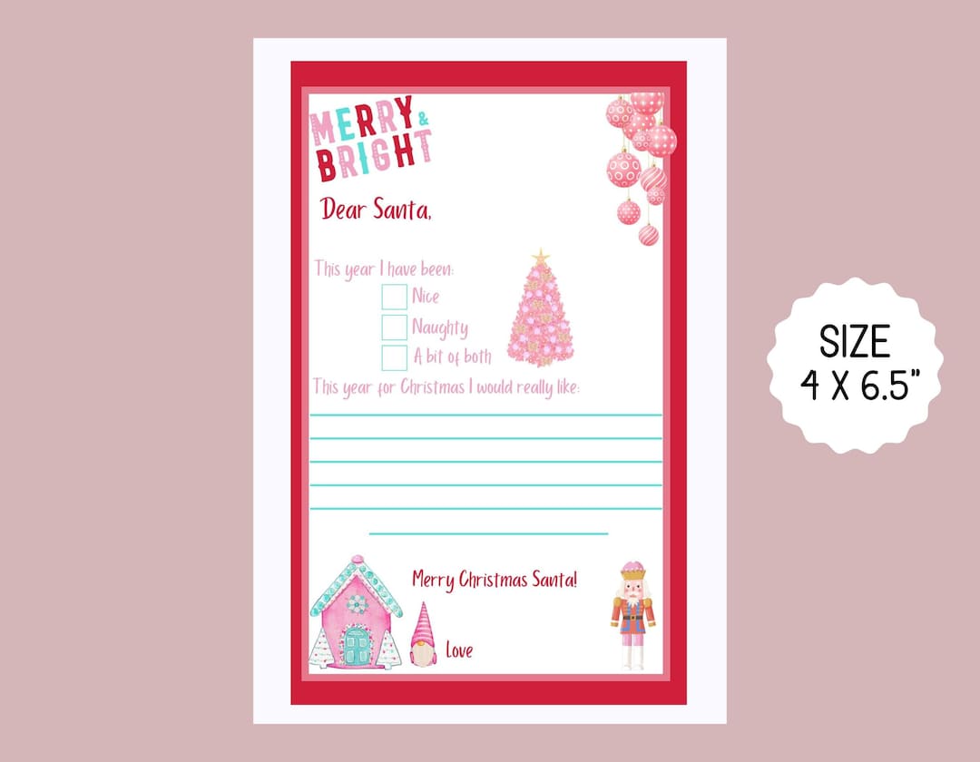 Dear Santa Printable Letter Template 4x 6.5", Pink Dear Santa Letter ...