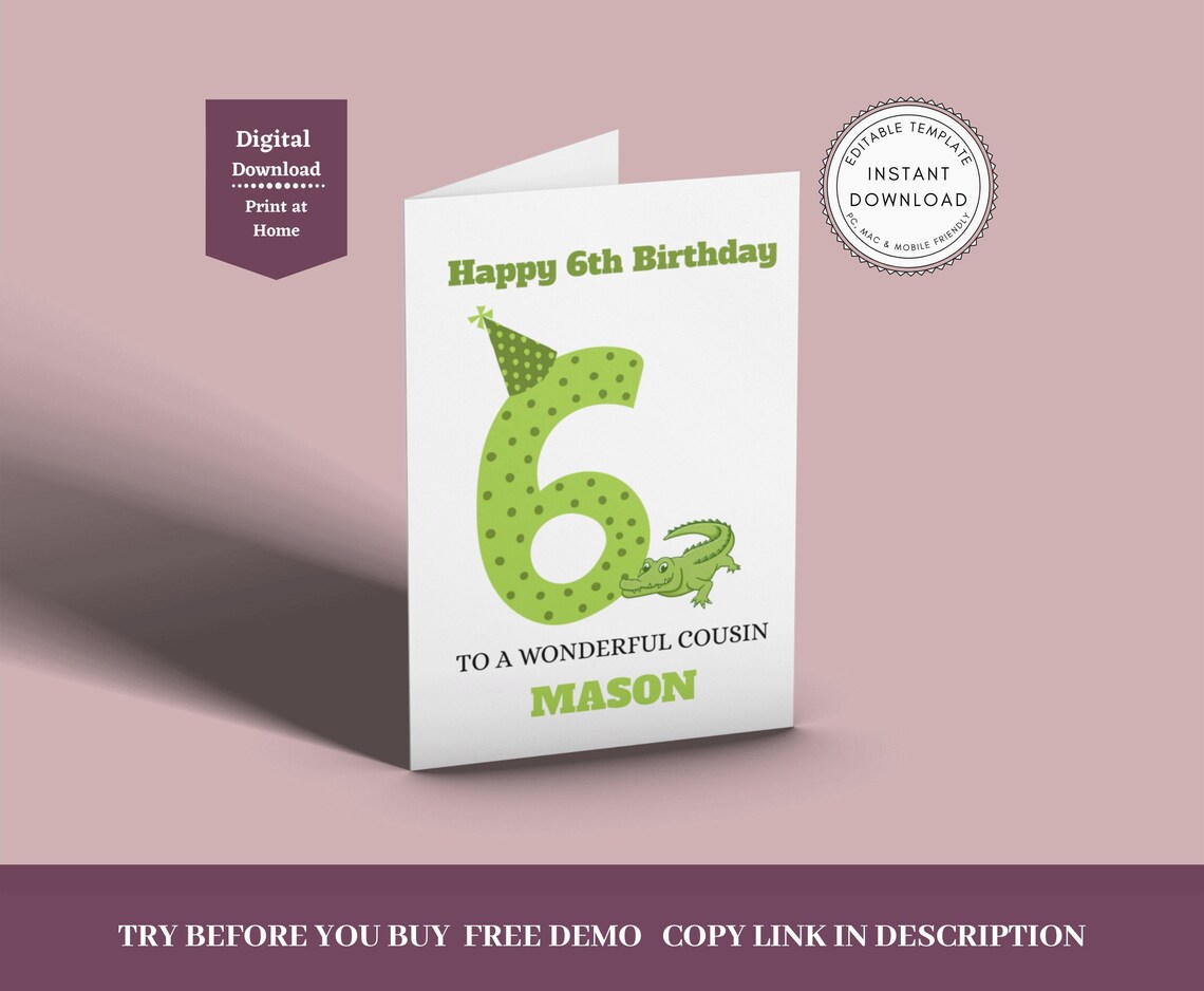6th Birthday Card, Printable Personalised Birthday Card,card for 6 Year ...