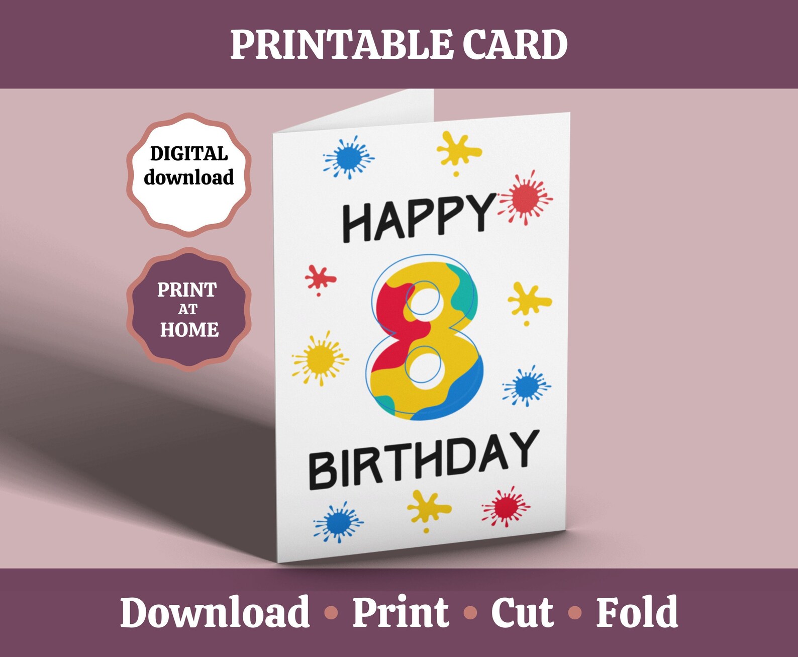 8th Birthday Card, Printable Happy 8 Birthday Card, 8 Year Old Birthday ...