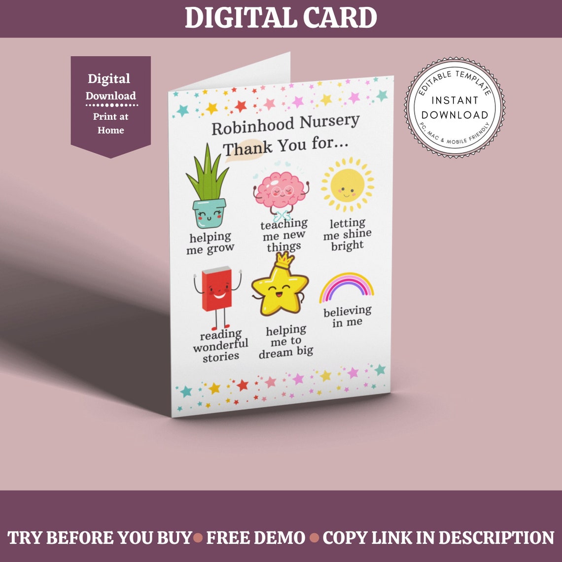 Editable Teacher Thank You Card Printable, Nursery Teacher Card, Thank ...