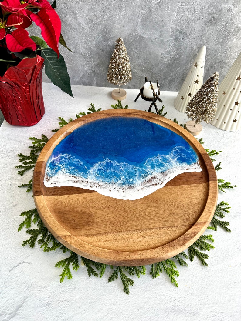 Ocean Wave Lazy Susan Made From Acacia Wood and Resin. Handmade Resin ...