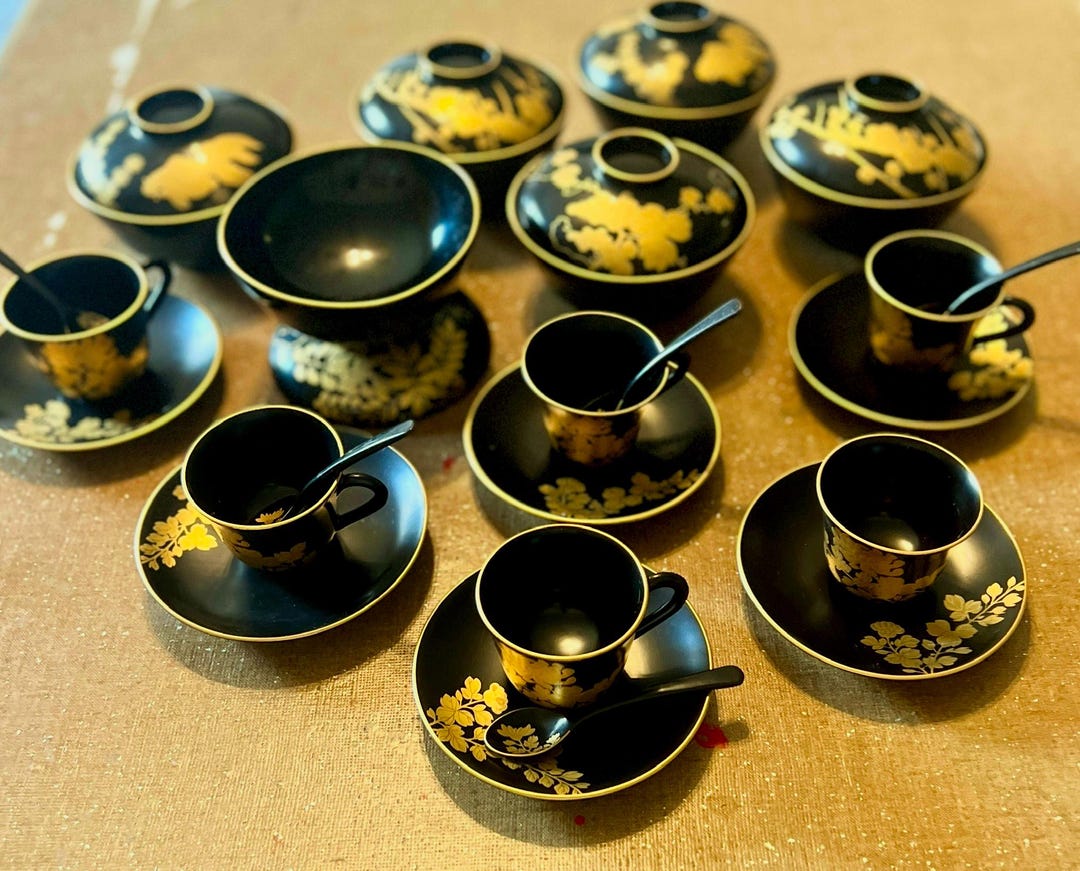 Vintage Japanese Black & Gold Lacquerware Tea Set – 29-piece Set ...