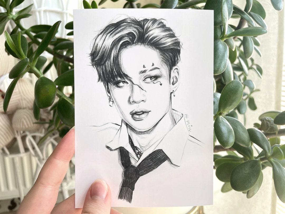 Stray Kids Bang Chan chris Devil Pencil Sketch A6 Art Print painting, K ...