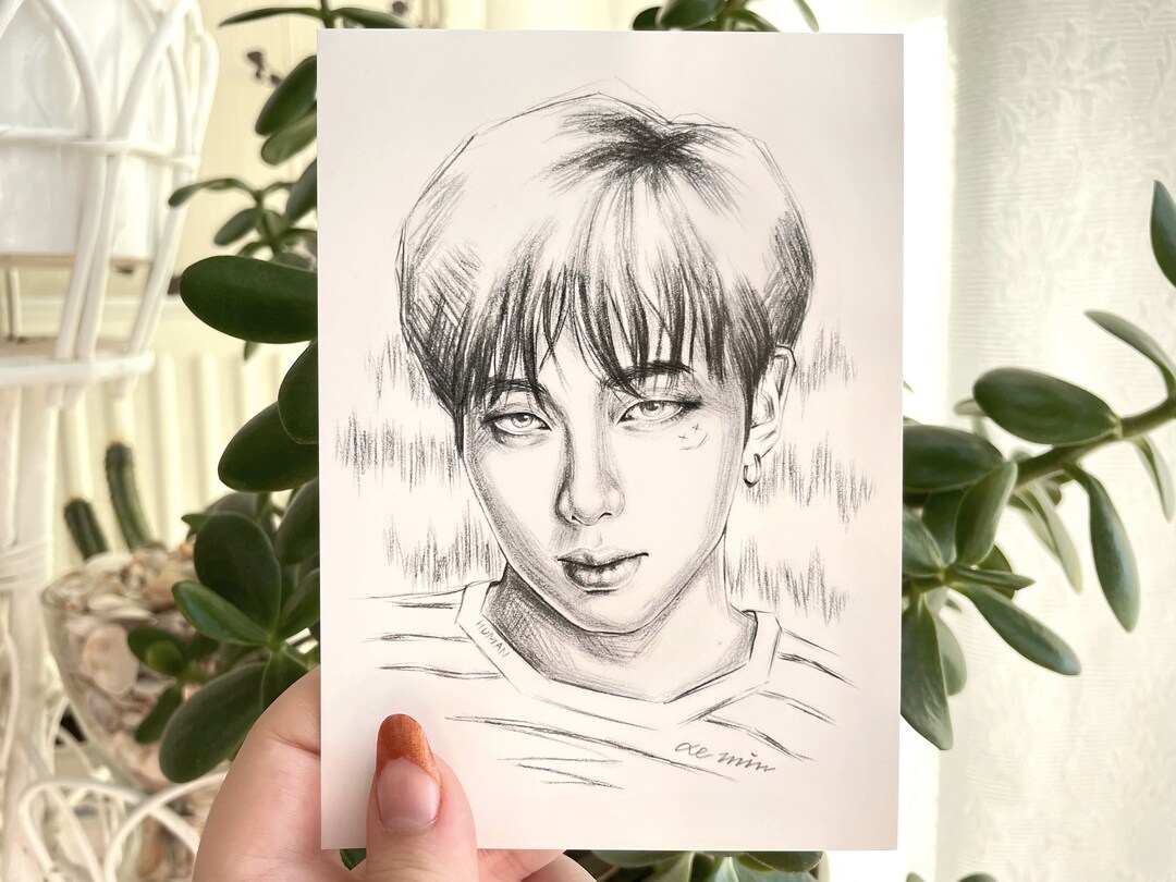 BTS RM kim Namjoon Tear Pencil Sketch A6 Art Print painting, K-pop ...