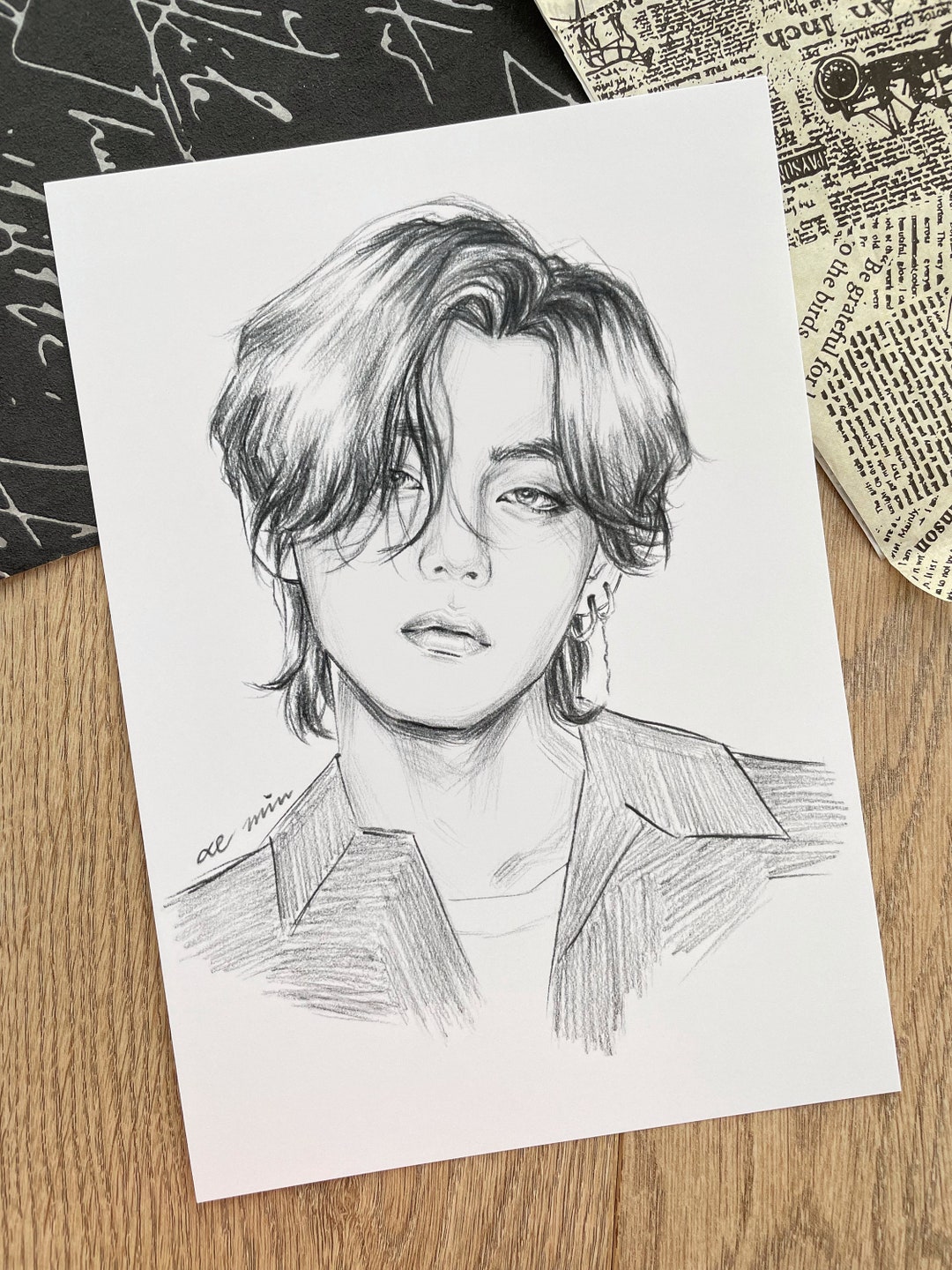 Bts V Kim Taehyung Mullet Pencil Sketch A6 Art Print Drawing K