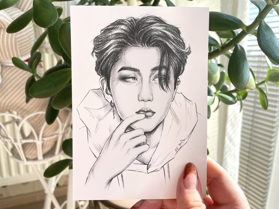 Stray Kids Han jisung Hoodie Pencil Sketch A6 Art Print painting, K-pop ...