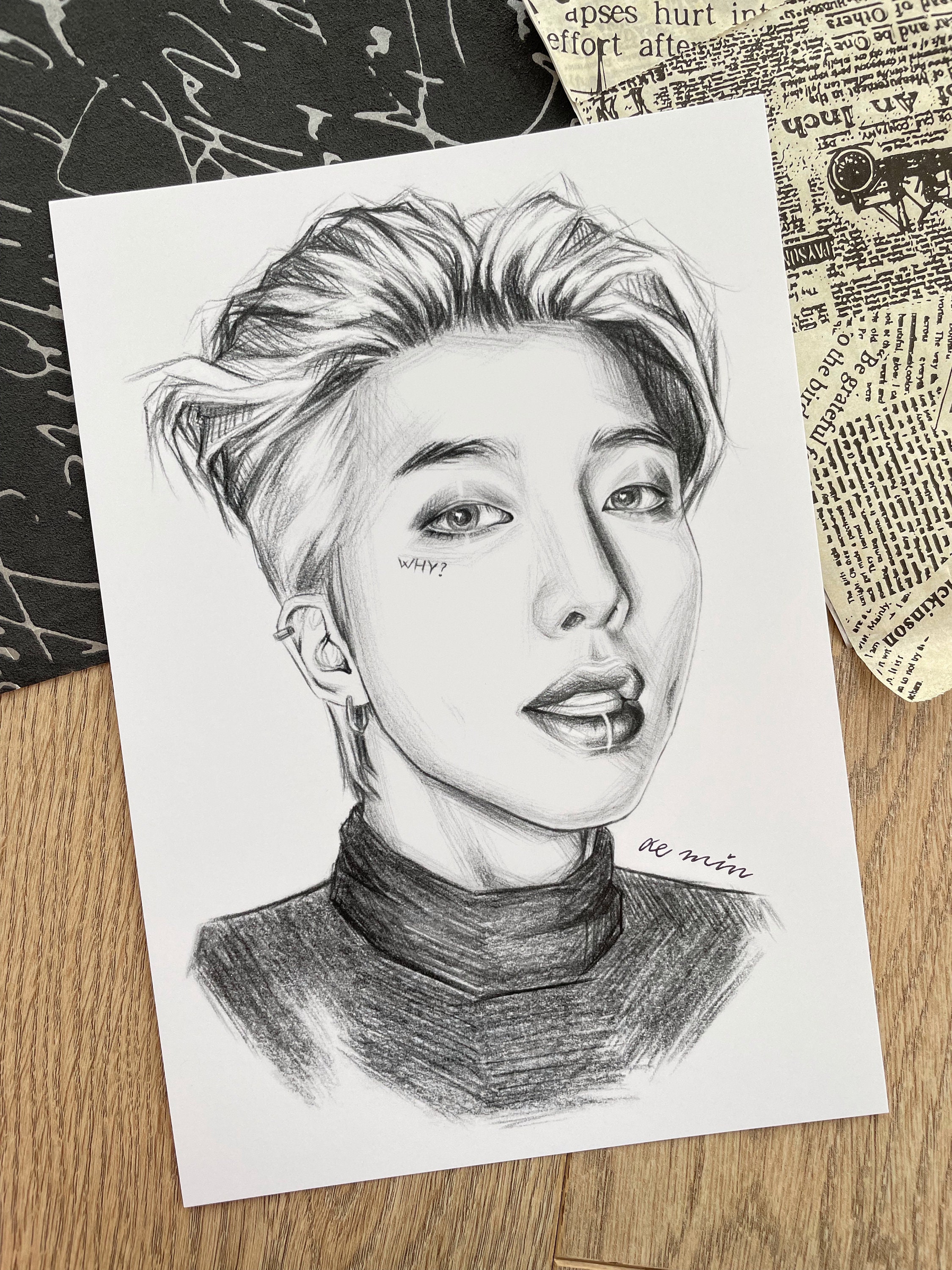 BTS RM kim Namjoon Turtleneck Pencil Sketch A5 A6 Art - Etsy