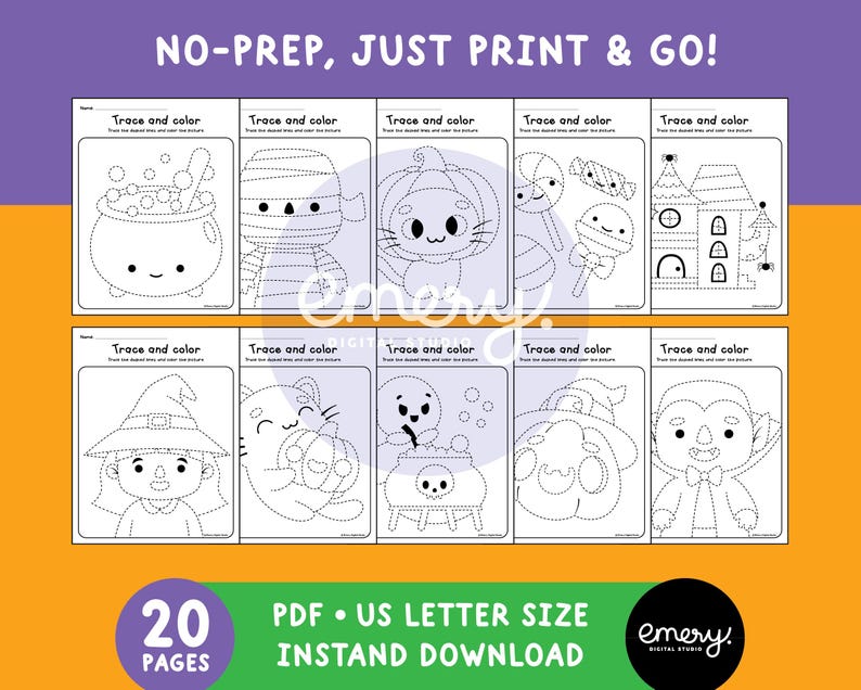 Halloween Worksheets, Trace and Color, 20 Halloween Tracing Sheets ...