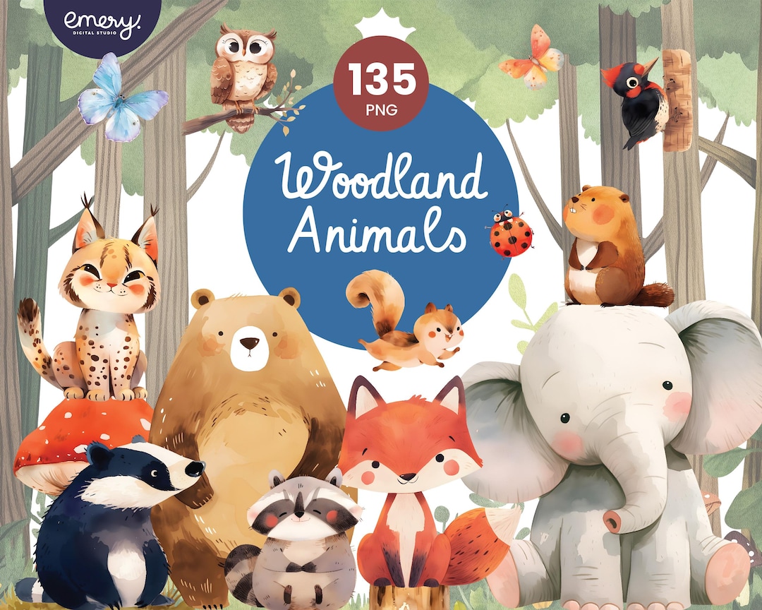 Woodland Animals Clipart Bundle: 135 Pngs for Nursery Art (digital ...