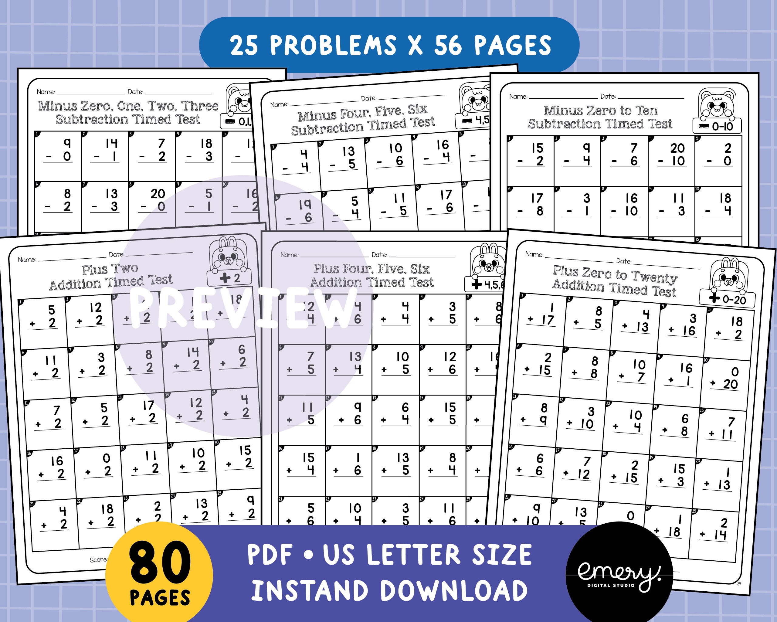 Addition & Subtraction Timed Test Worksheets, Math Facts, Math ...