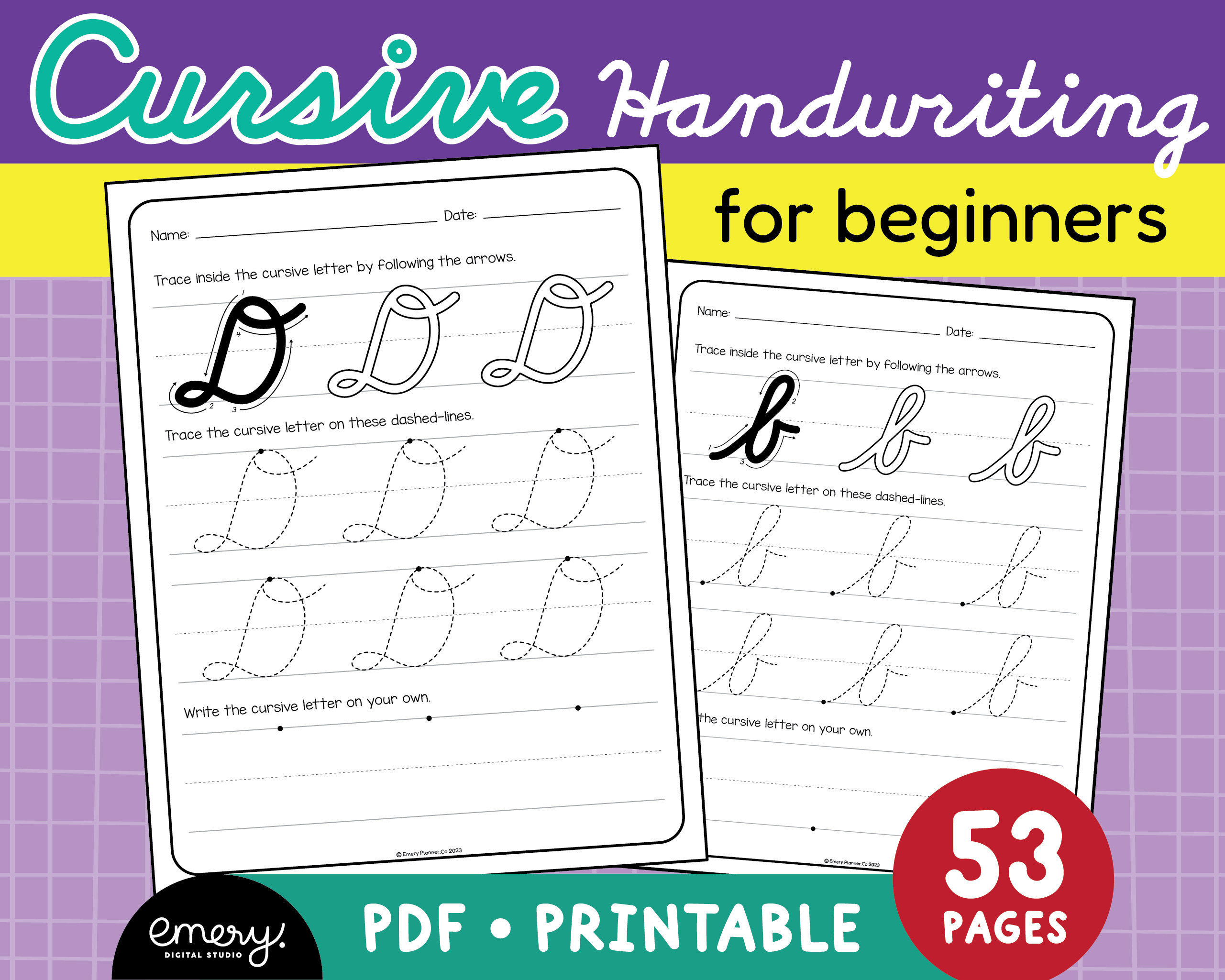 Cursive Handwriting Practice Worksheet for Beginners, Cursive Alphabet ...
