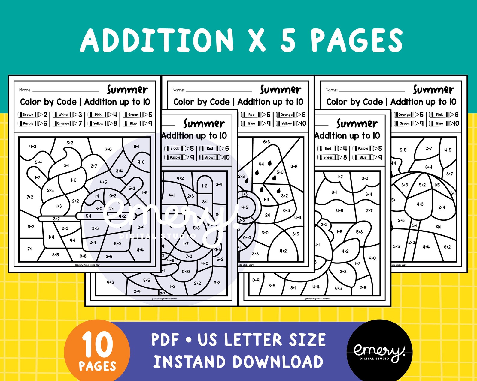 Summer Color by Code Addition Subtraction Within 10 Worksheets ...