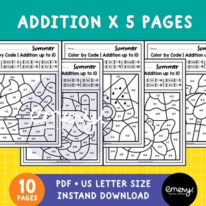 Summer Color by Code Addition Subtraction Within 10 Worksheets ...
