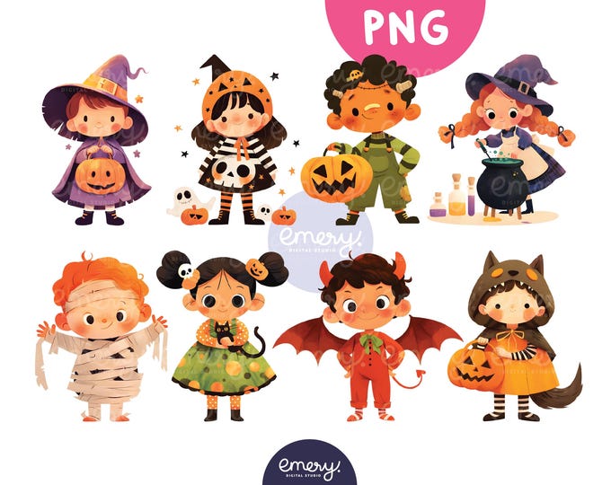Kids in Cute Halloween Costumes Clipart, Trick or Treat, Halloween ...