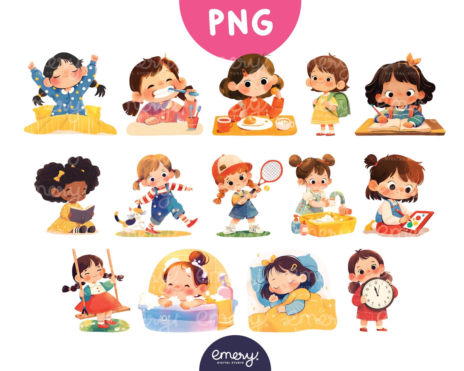 Cute Girl Daily Routine Clipart – PNG Illustrations of Kids’ Activities ...
