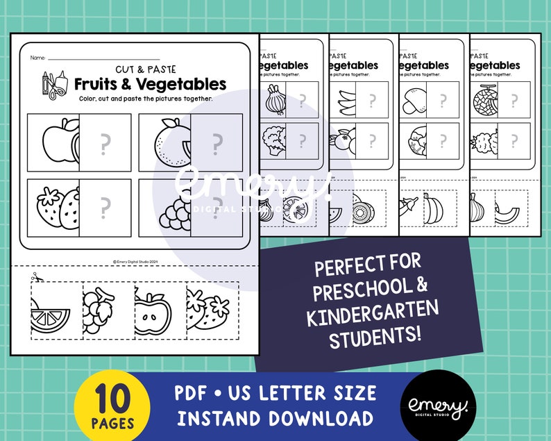 Cut and Paste Fruits and Vegetables Worksheets for Kindergarten ...