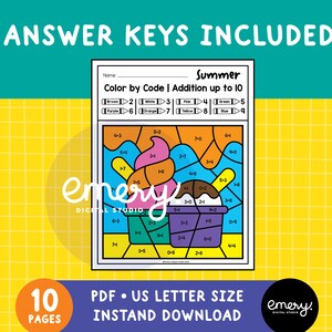 Summer Color by Code Addition Subtraction Within 10 Worksheets ...