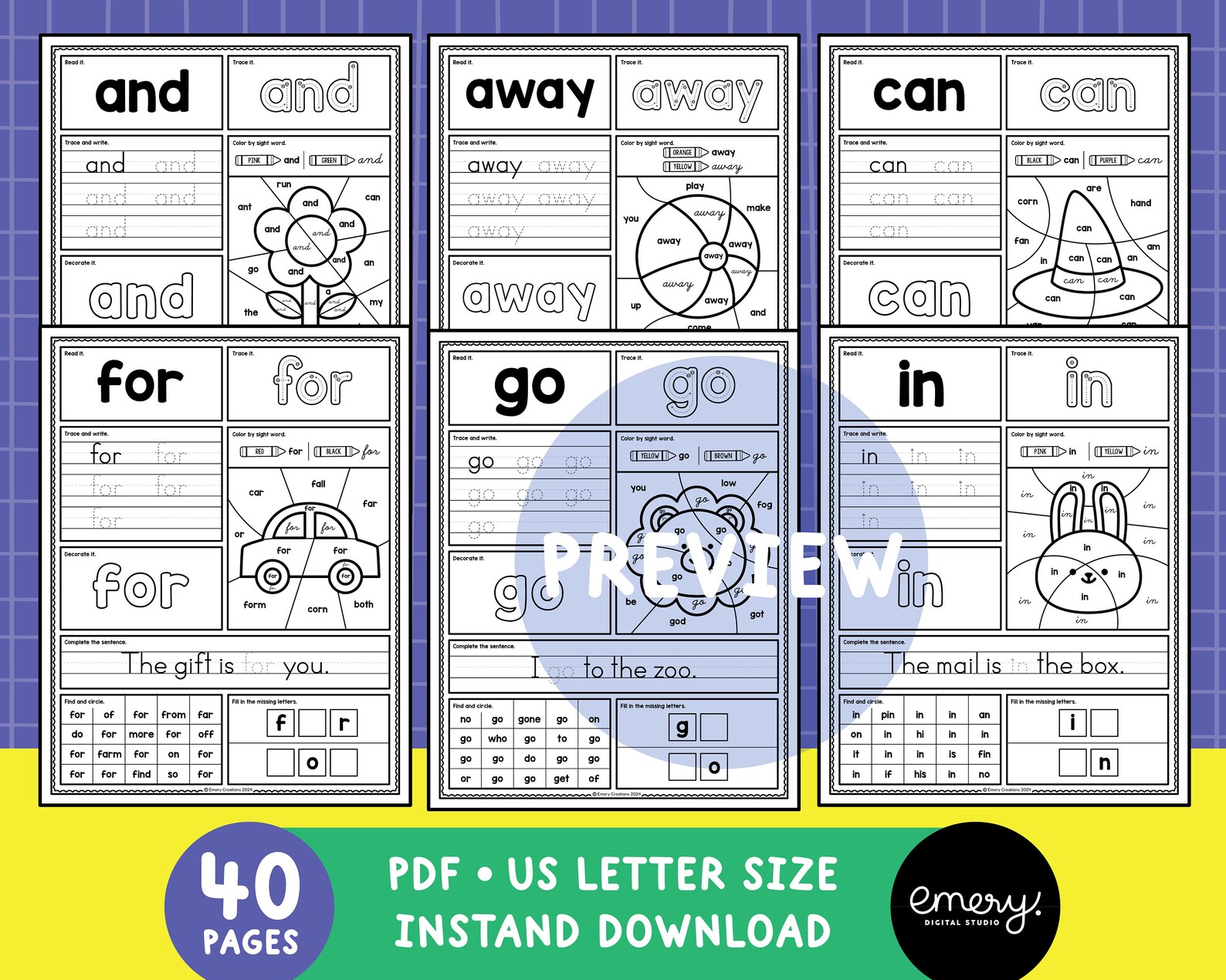 Preschool Dolch Sight Word Worksheets, Pre-primer Sight Words, 40 Sight ...