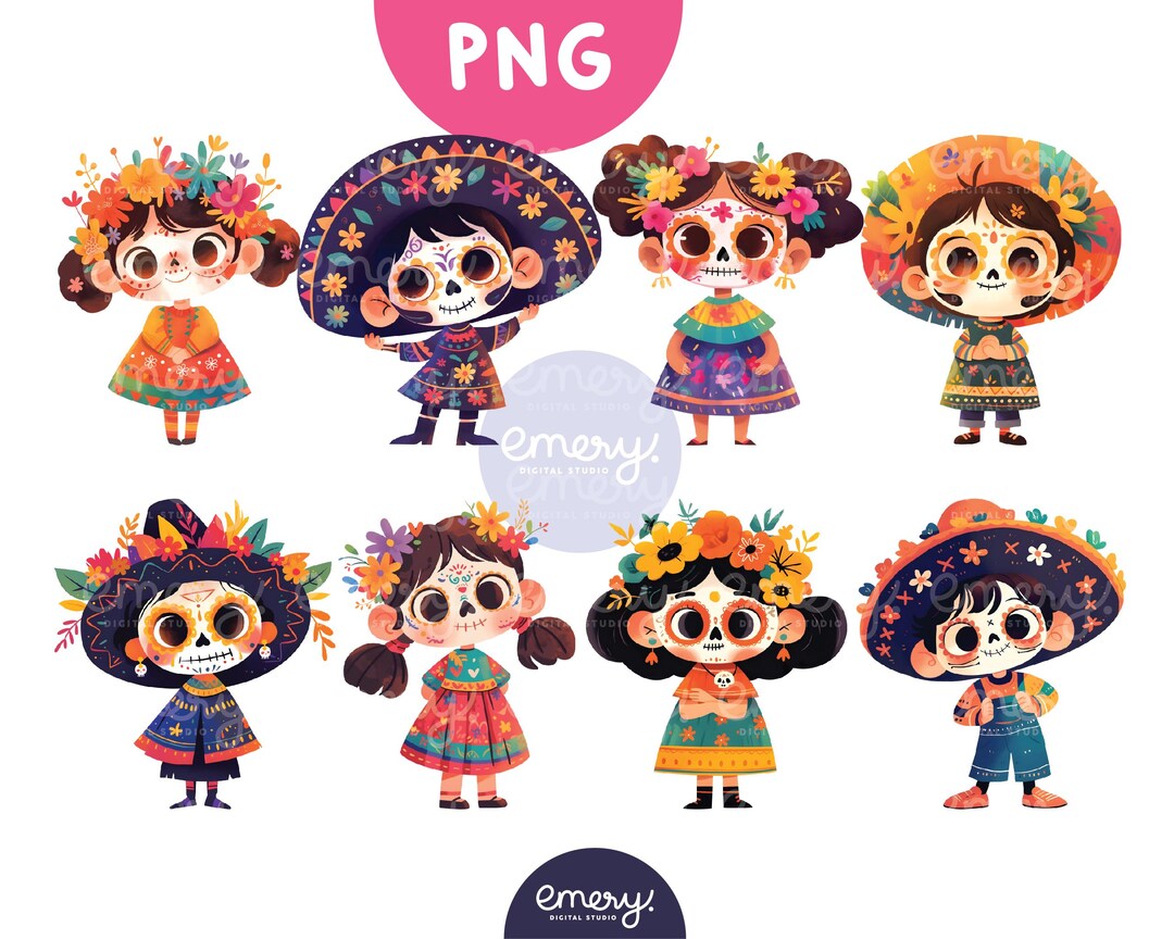 Day of the Dead Clipart, Cute Cartoon Kids PNG (300 DPI) - Etsy