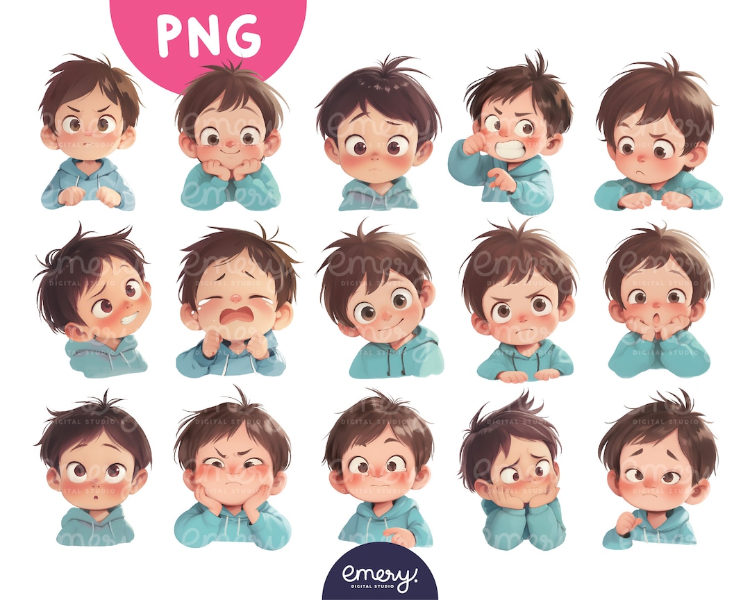 Cute Little Boy With Different Emotions, Watercolor PNG Clipart Set ...