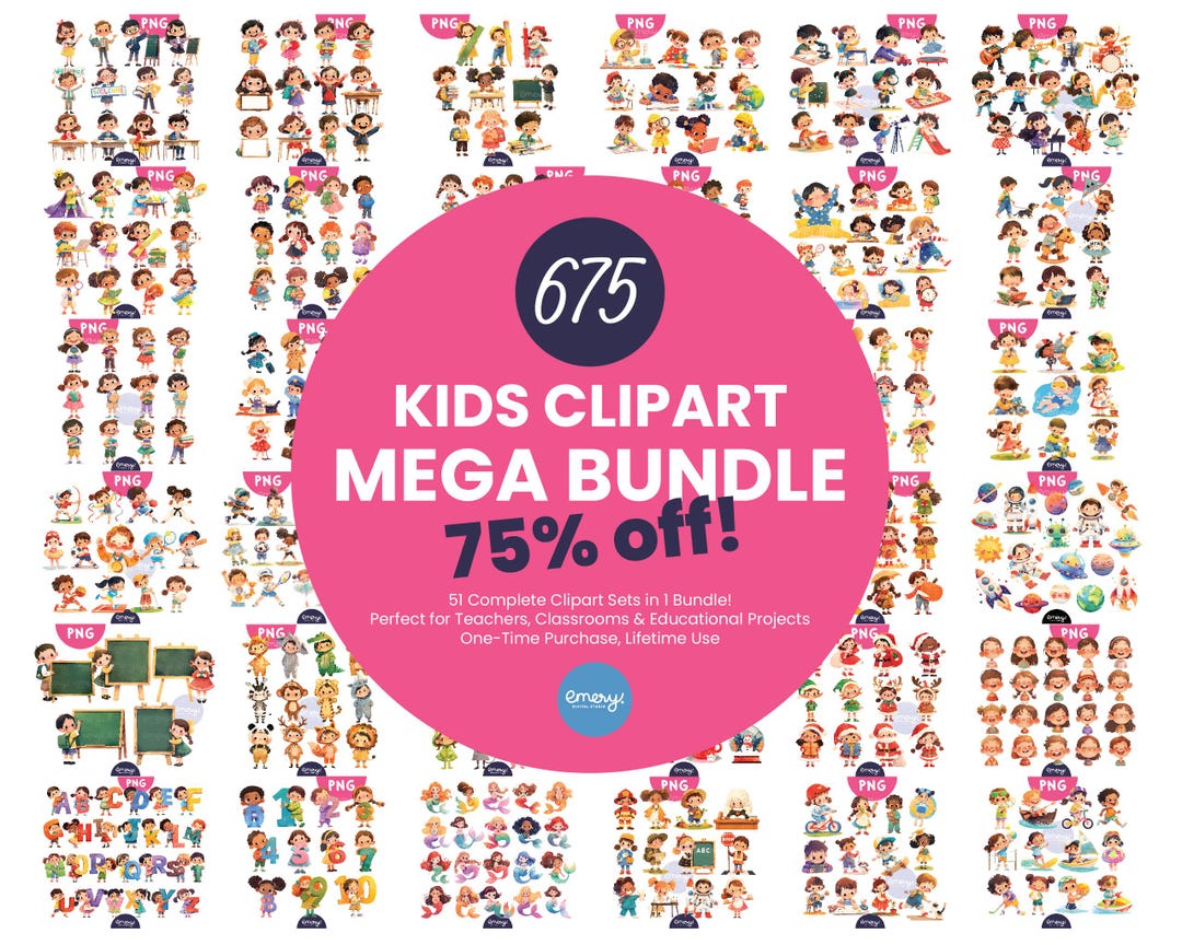 Mega Bundle Kids Clipart – 675 Pngs, Kids Activities, Emotions, Back to ...