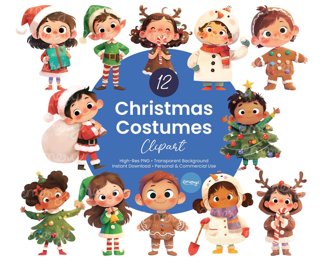 Kids Christmas Costume Clipart – Santa, Elf, Reindeer (PNG Digital ...