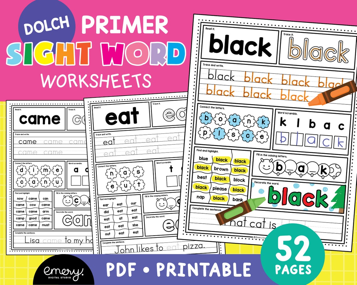 Kindergarten Dolch Sight Word Worksheets, 52 Primer Words (PDF) - Etsy