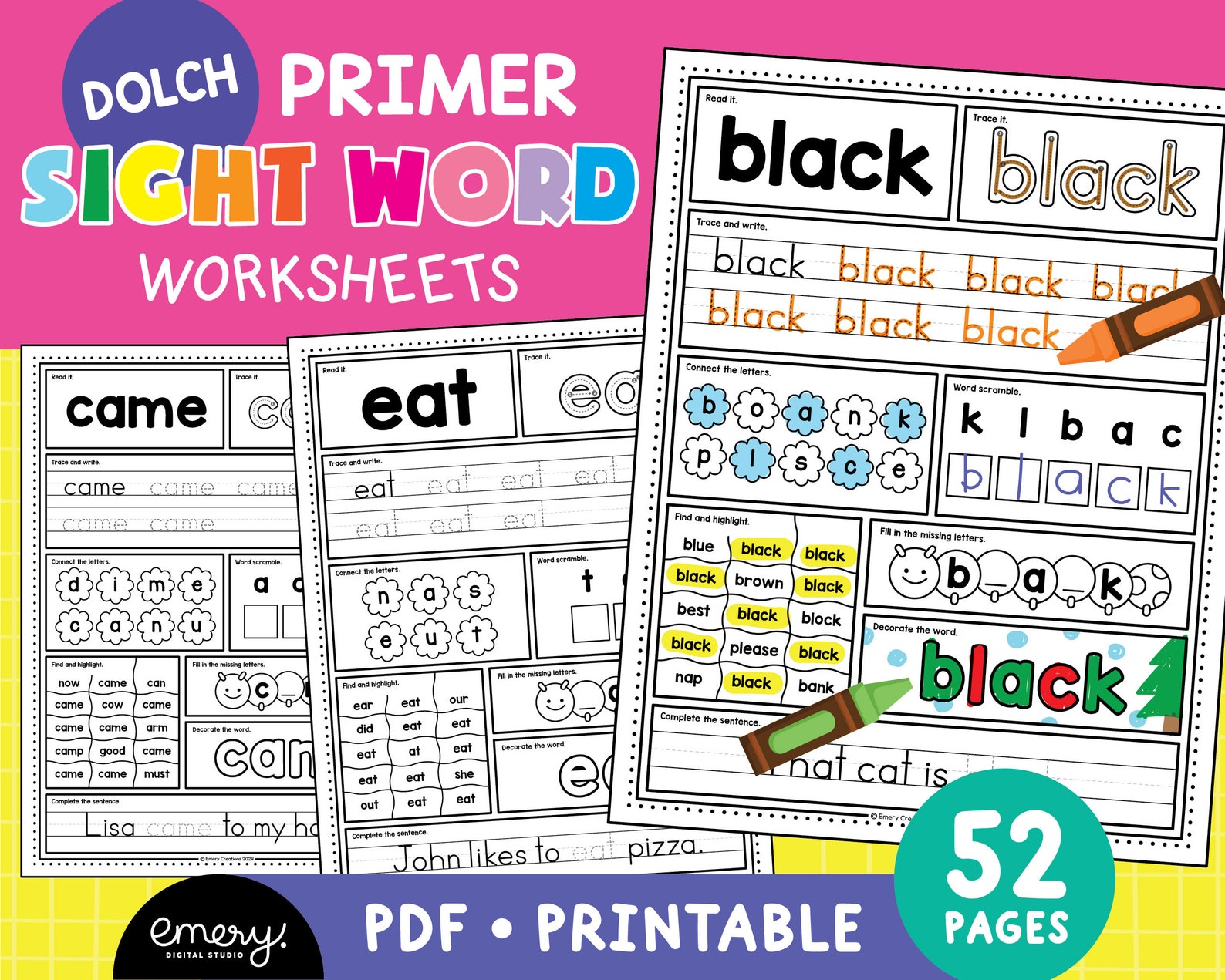 Kindergarten Dolch Sight Word Worksheets, Primer Sight Words, 52 Sight ...