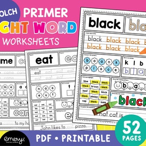 Kindergarten Dolch Sight Word Worksheets, Primer Sight Words, 52 Sight ...