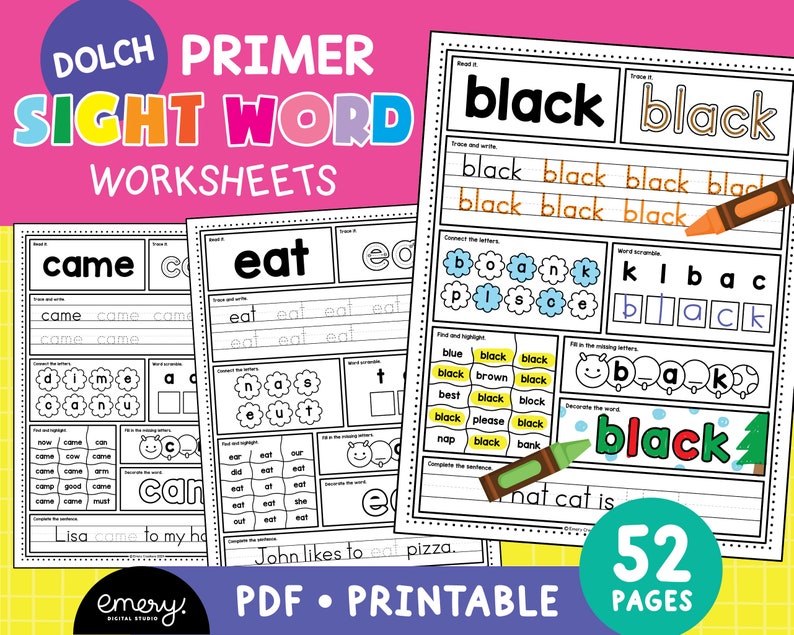 Kindergarten Dolch Sight Word Worksheets, Primer Sight Words, 52 Sight ...