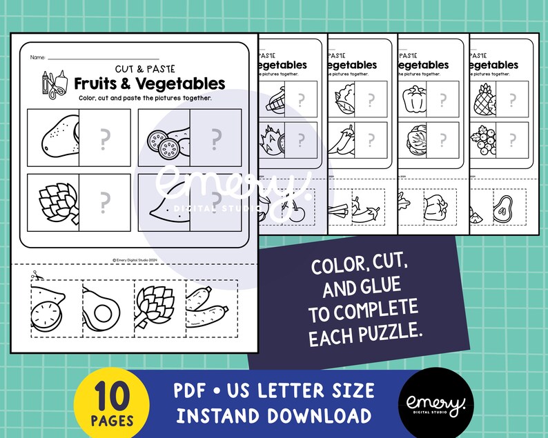 Cut and Paste Fruits and Vegetables Worksheets for Kindergarten ...